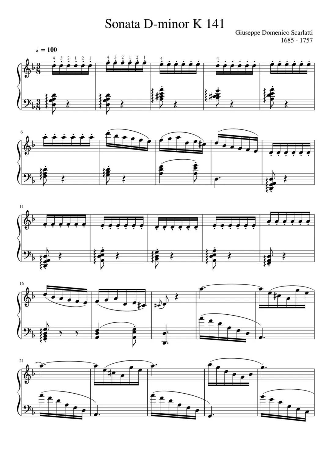 斯卡拉蒂 D小调奏鸣曲K141 钢琴谱 – 钢琴曲谱